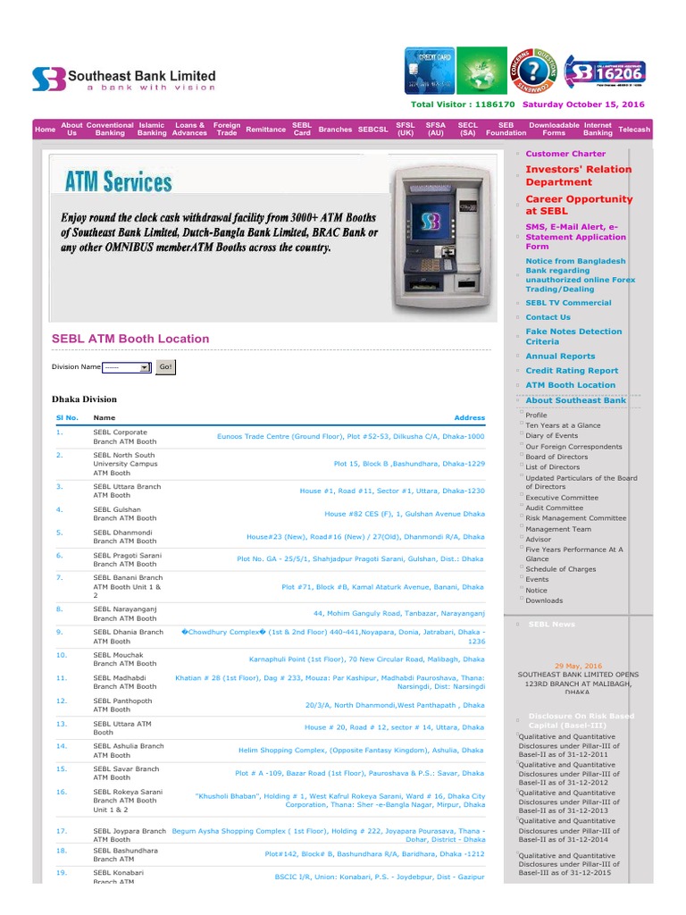 Southeast Bank ATM Booth List Dhaka | PDF