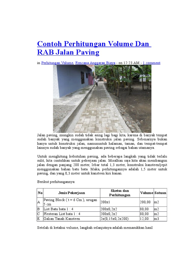 Contoh Perhitungan Volume Dan RAB Jalan Paving | PDF