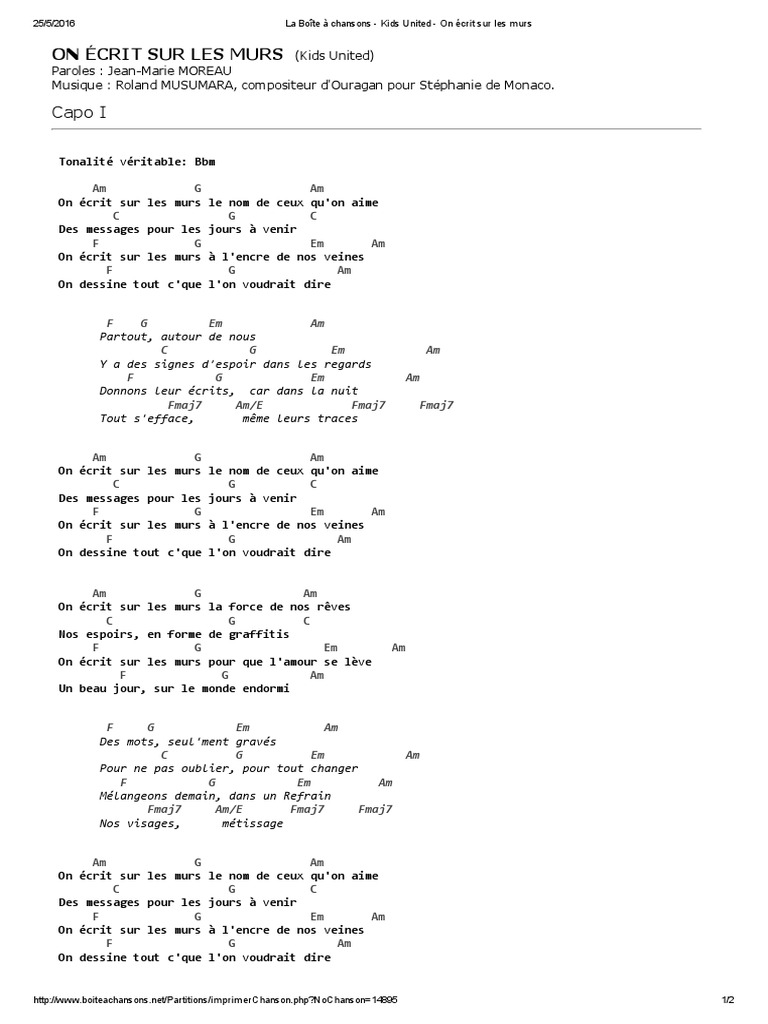 Paroles et accords de "On écrit sur les murs" | PDF