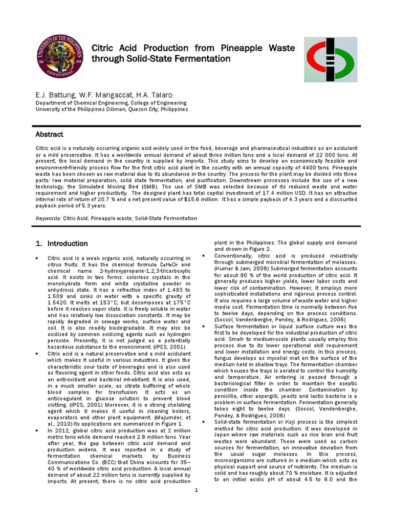 Citric Acid Production From Pineapple Waste Through Solid-State ...