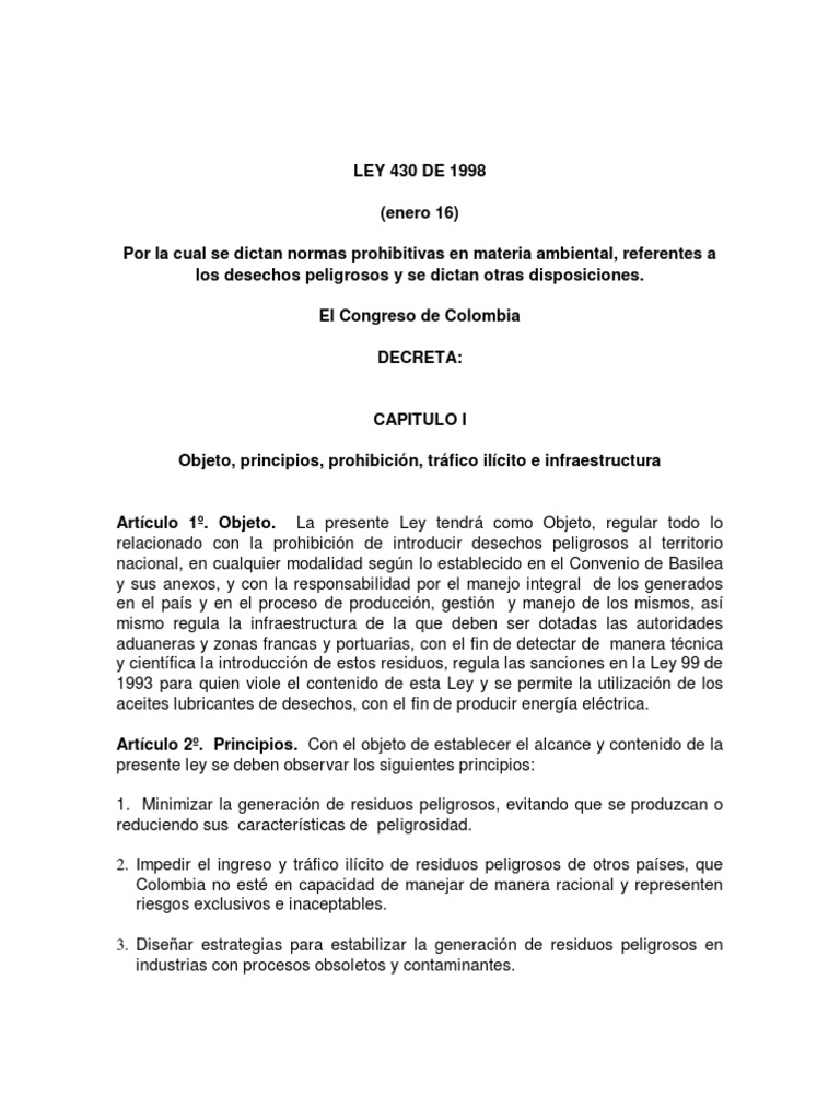 Ley 430 1998 PDF | PDF | Residuos | Contaminación