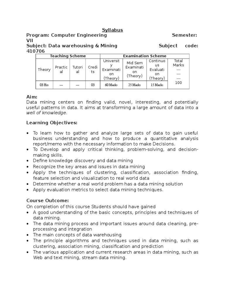 Syllabus Datamining | PDF | Data Mining | Data Warehouse