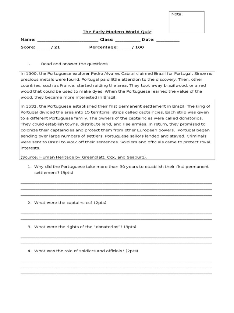 The Early Modern World Quiz Name: - Class: - Date: - Score: - / 21 ...