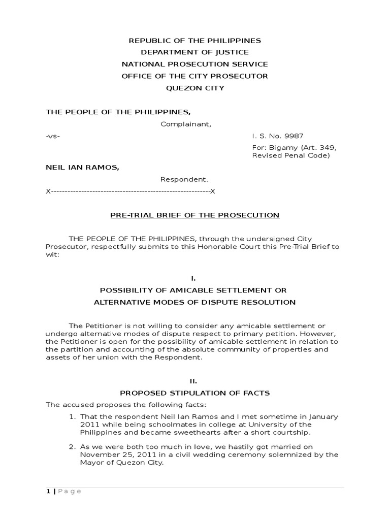 Pre Trial Brief in Bigamy | PDF | Marriage | Prosecutor