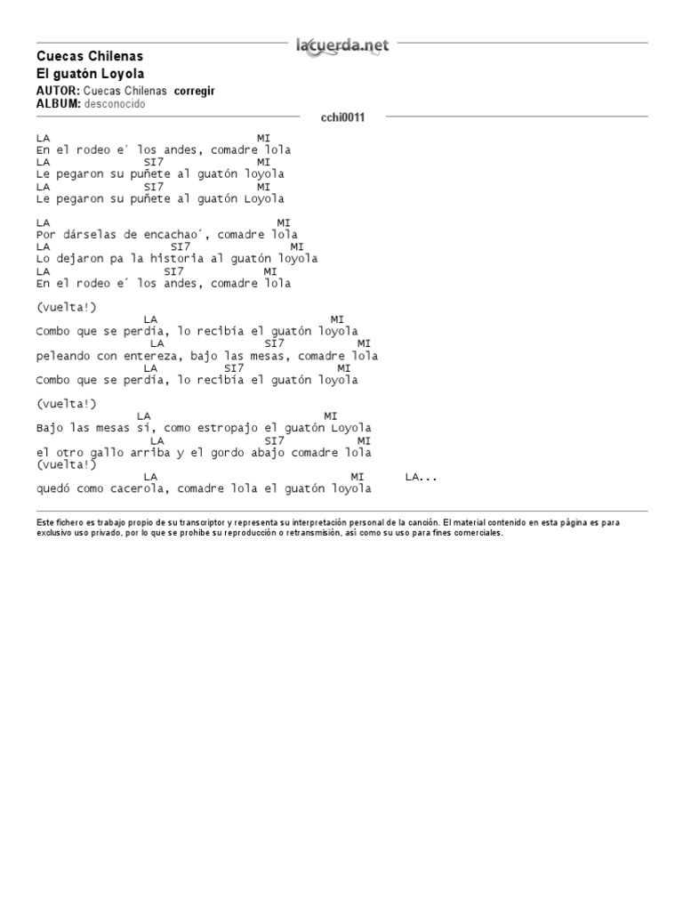 Cuecas Chilenas, El Guatón Loyola - Letra y Acordes | PDF