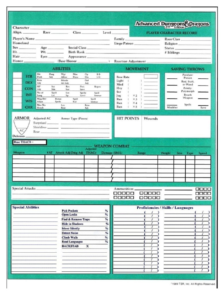 Blank 2nd Ed D&D Thief Character Sheet | PDF