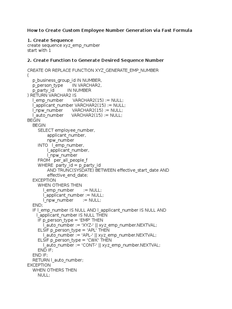 How To Create Custom Employee Number Generation Via Fast Formula | PDF | Parameter (Computer ...