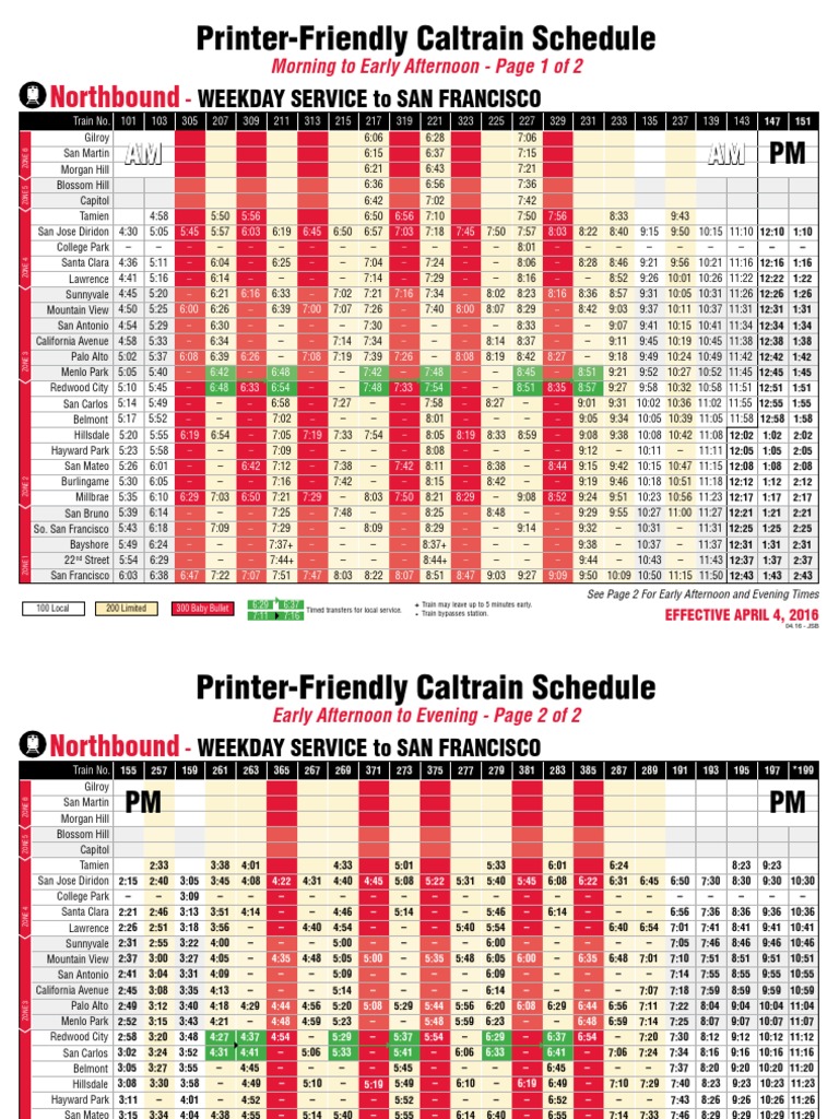 Weekday Northbound Printer-Friendly Schedule 04042016 | PDF | Caltrain ...