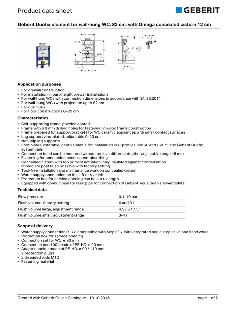 Product Data Sheet: Geberit Duofix Element For Wall-Hung WC, 82 CM ...