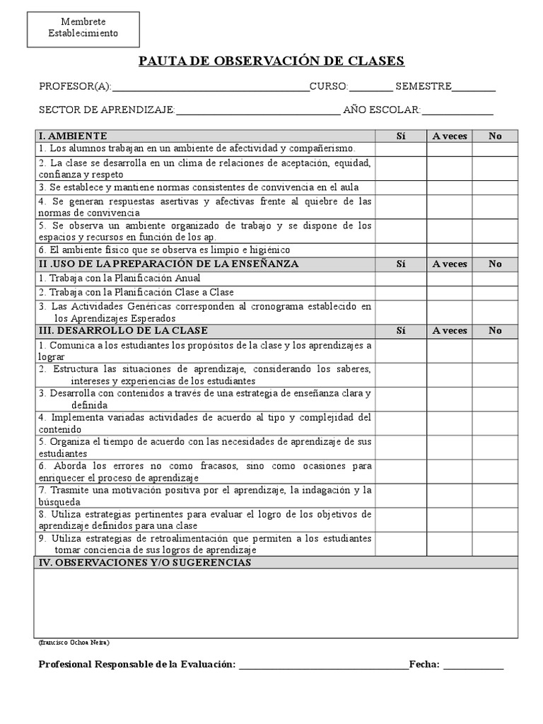 Pauta de Observacion de Clases | PDF