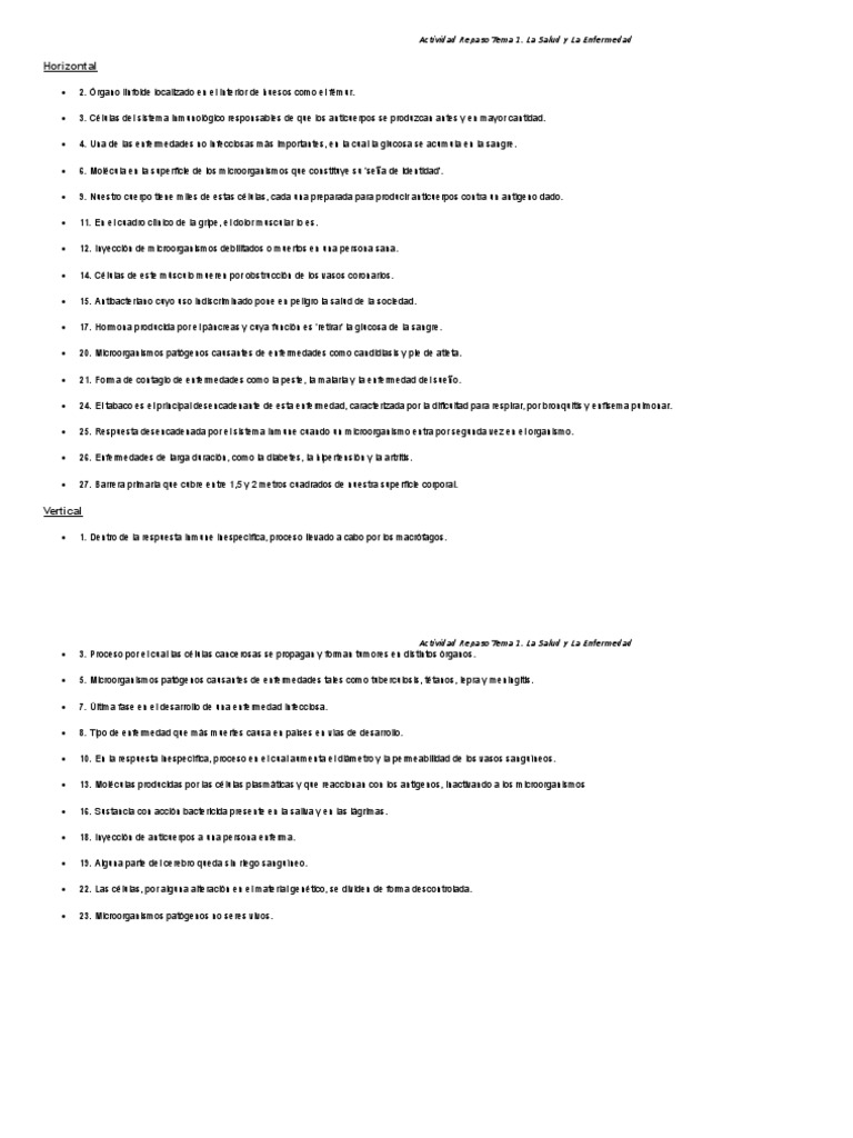 Crucigrama Tema 1. La Salud y La Enfermedad | Sistema inmune | Infección