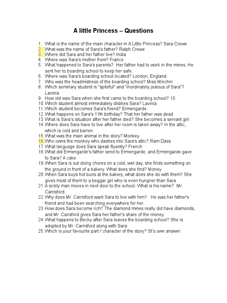 A Little Princess: Key Questions & Answers | PDF