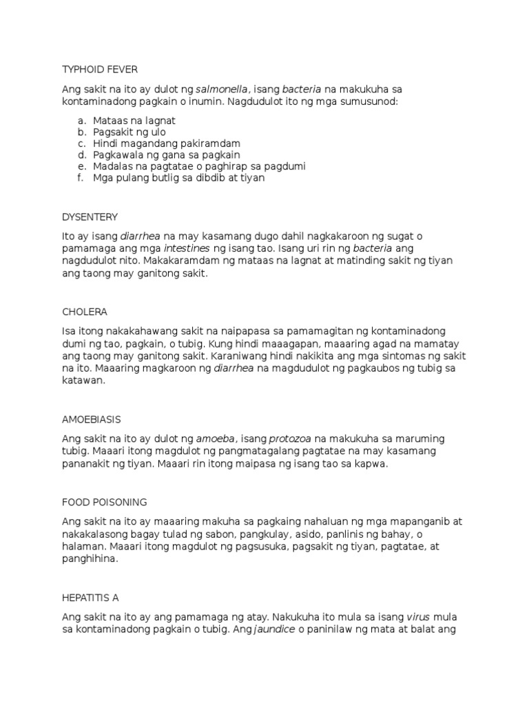 Sakit Na Dulot NG Maduming Pagkain | PDF