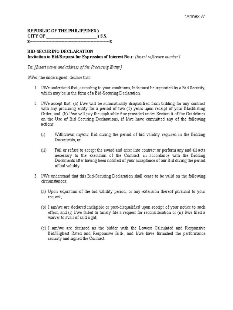 Bid Securing Declaration | PDF | Affidavit | Signature