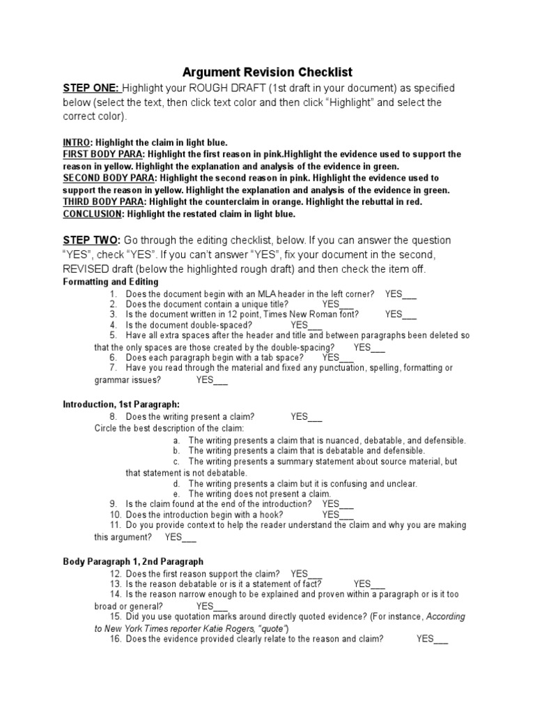 Argument Revision Checklist: STEP ONE: Highlight Your ROUGH DRAFT (1st ...