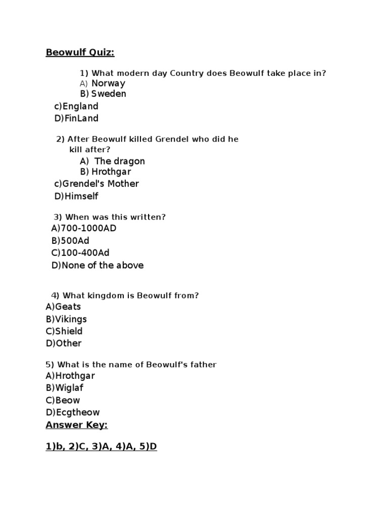 Beowulf Quiz and Answer Key | PDF