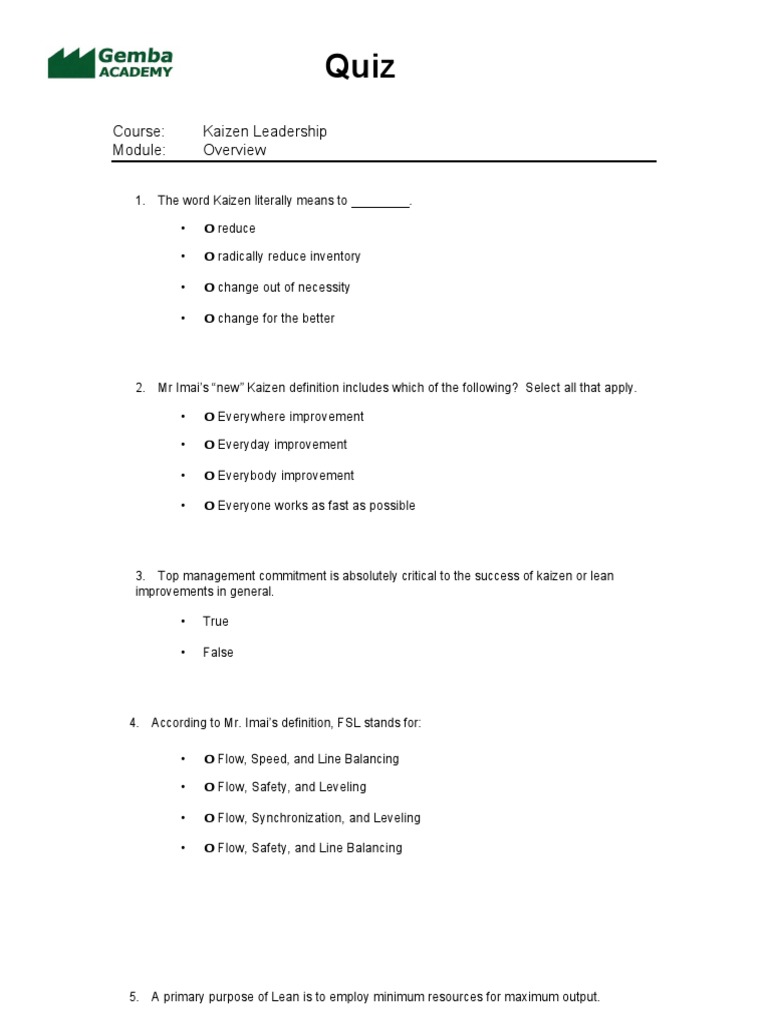 Kaizen Leadership Quiz Overview | PDF