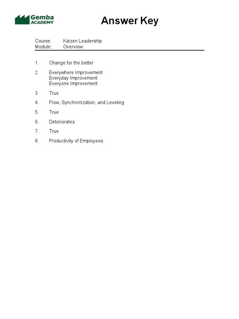 Kaizen Leadership Quiz Answers | PDF
