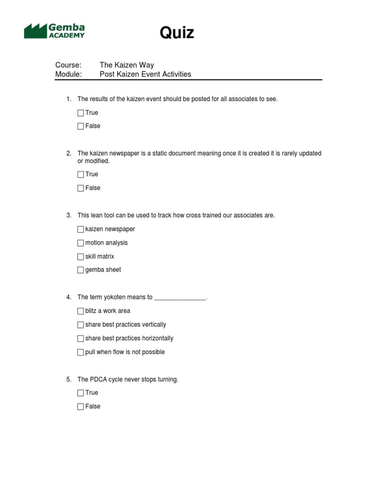 Kaizen Quiz on Best Practices | PDF | Business