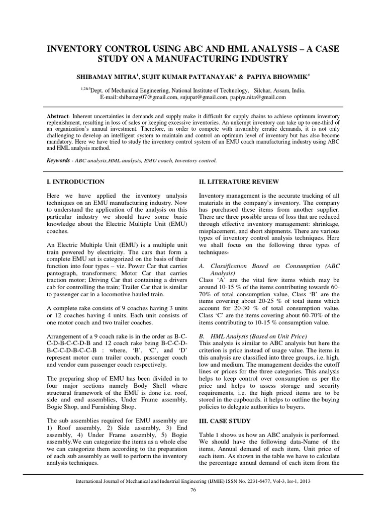 Inventory Control Using Abc and HML Analysis - A Case Study On A ...
