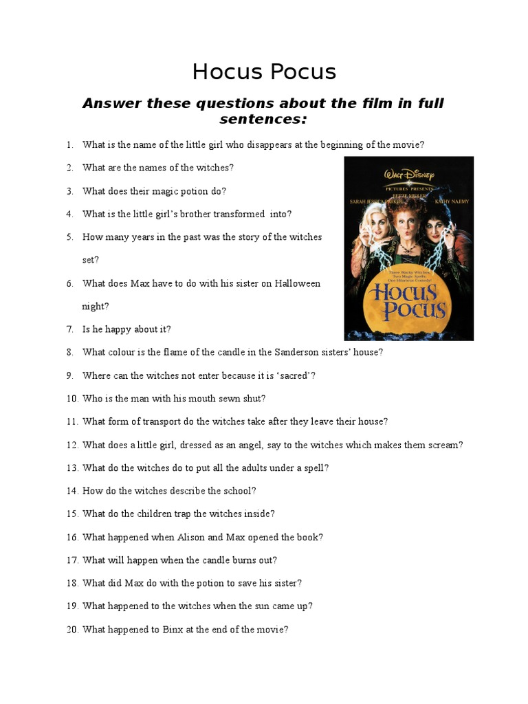 Hocus Pocus Movie Quiz Questions | PDF