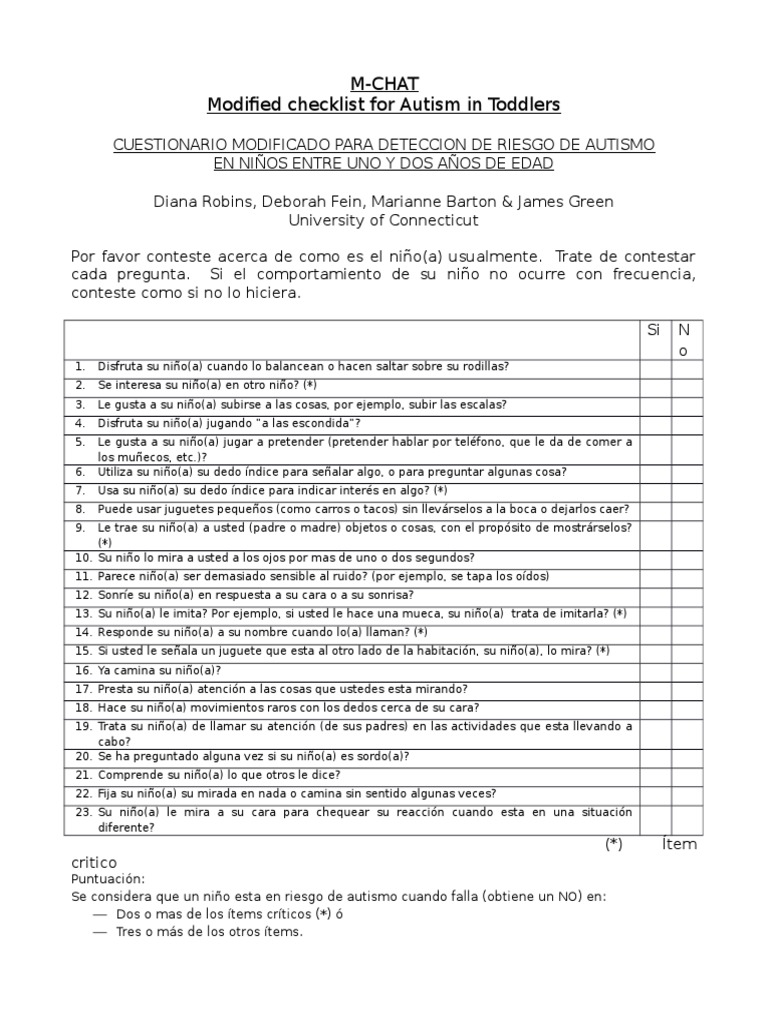 M-Chat Cuestionario Modificado para Detenccion de Riesgo de Autismo | PDF