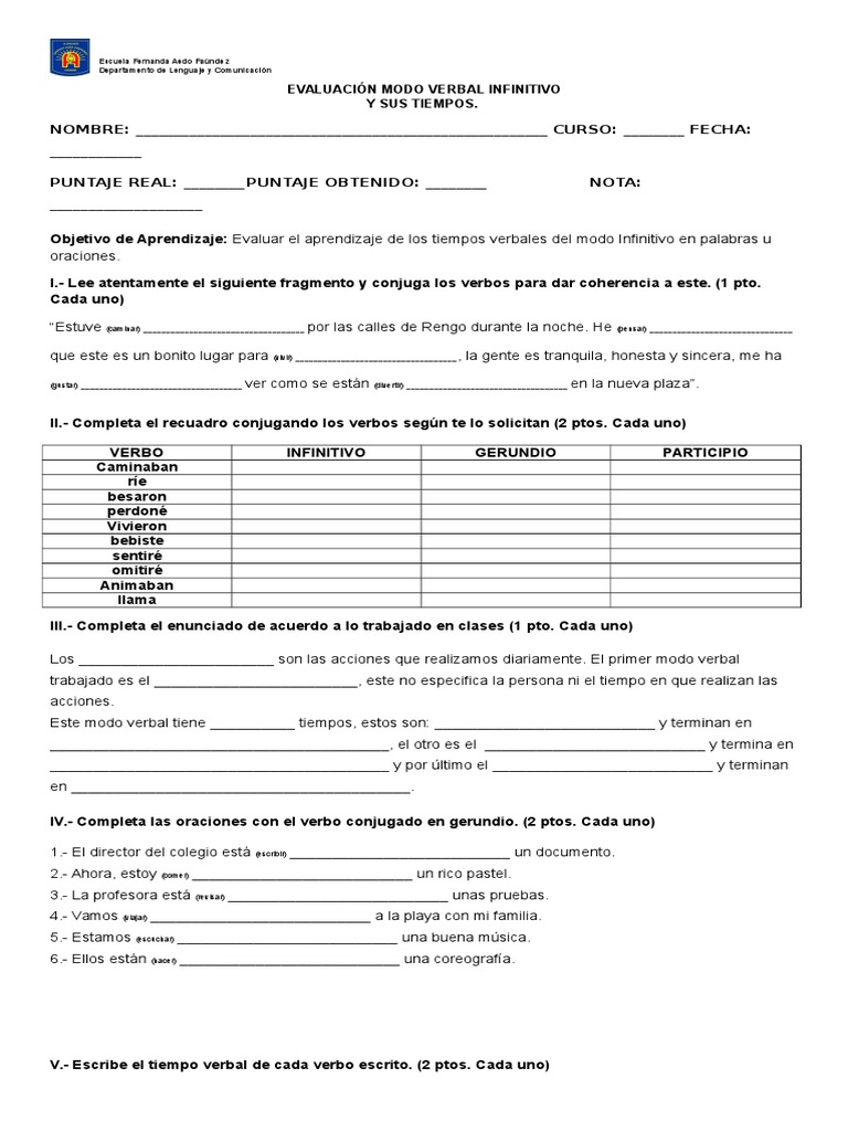 Evaluacion Verbos Modo Infinitivo | PDF