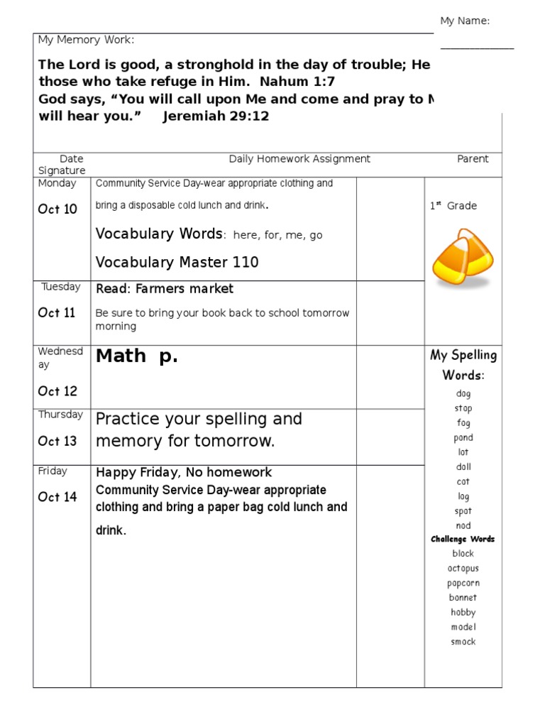 Black Oct 10 2016 First Grade Homework Packet PDF