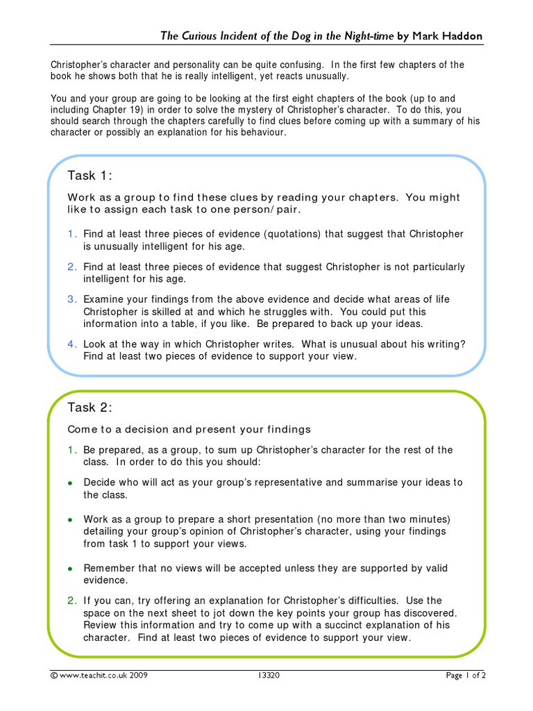 Task 1:: The Curious Incident of The Dog in The Night-Time by Mark ...