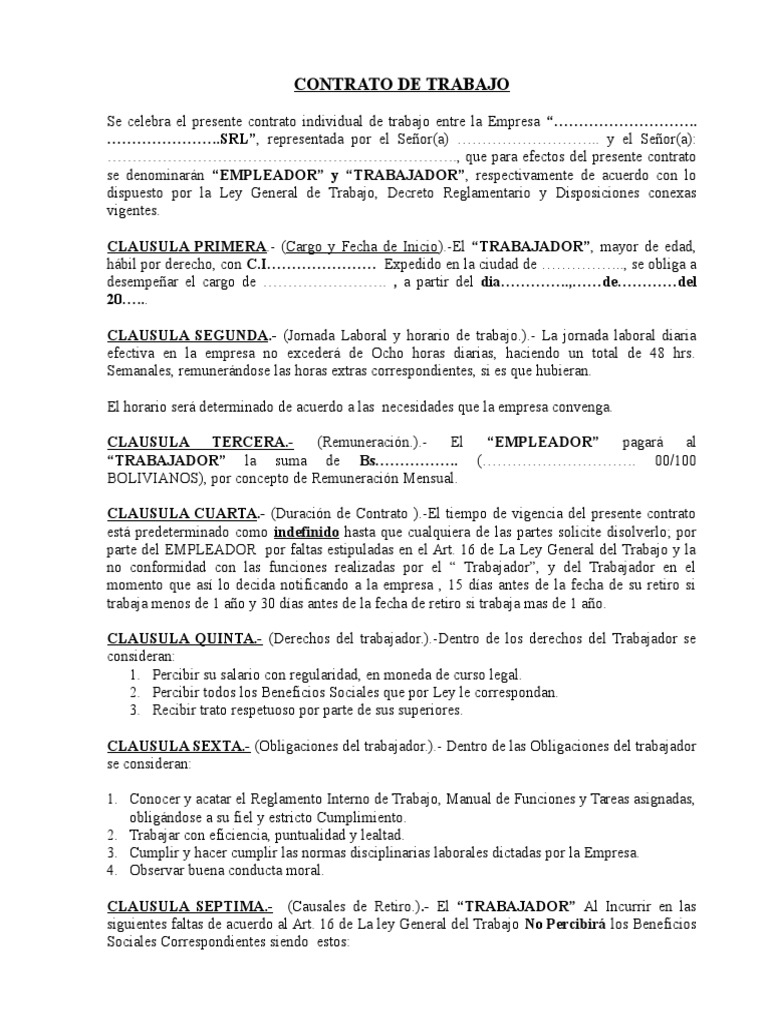 Modelo en Blanco de Contrato de Trabajo | Derecho laboral | Tiempo de trabajo | Prueba gratuita ...