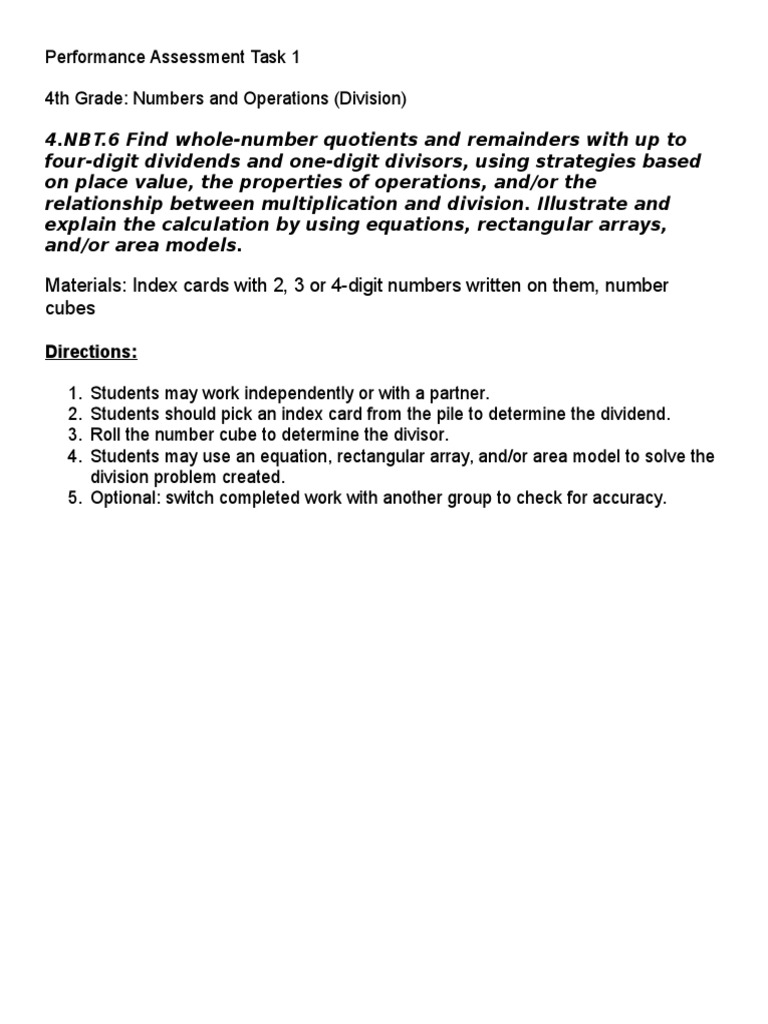4th Grade Division Assessment Task | PDF | Division (Mathematics) | Numbers