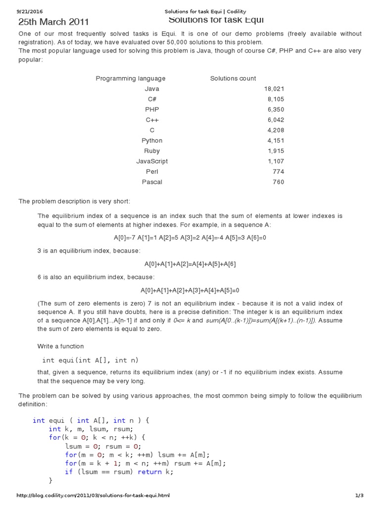 Solutions For Task Equi - Codility | PDF | Integer (Computer Science) | Summation