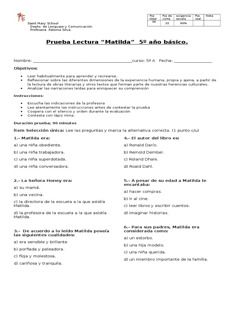 Prueba Matilda 5º | PDF | Lectura (proceso) | Idiomas