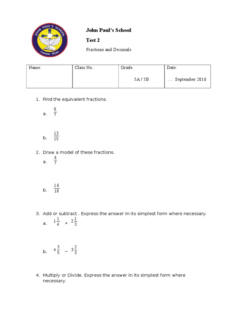 Fractions Test | PDF