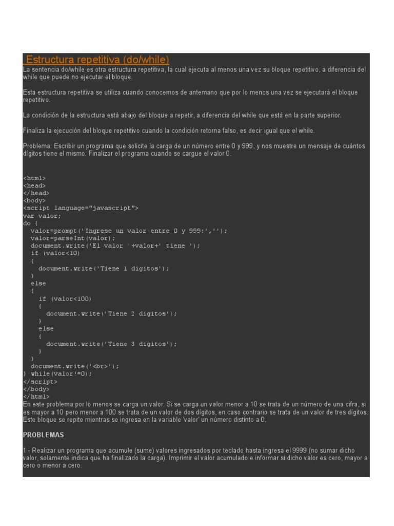 Estructura repetitiva do/while en JavaScript | PDF | Script Java | Lenguaje de programación