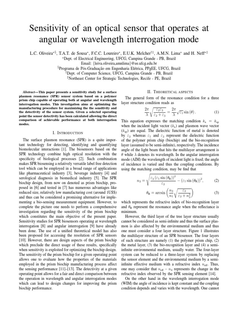 Sensitivity of An Optical Sensor That Operates at Angular or Wavelength ...