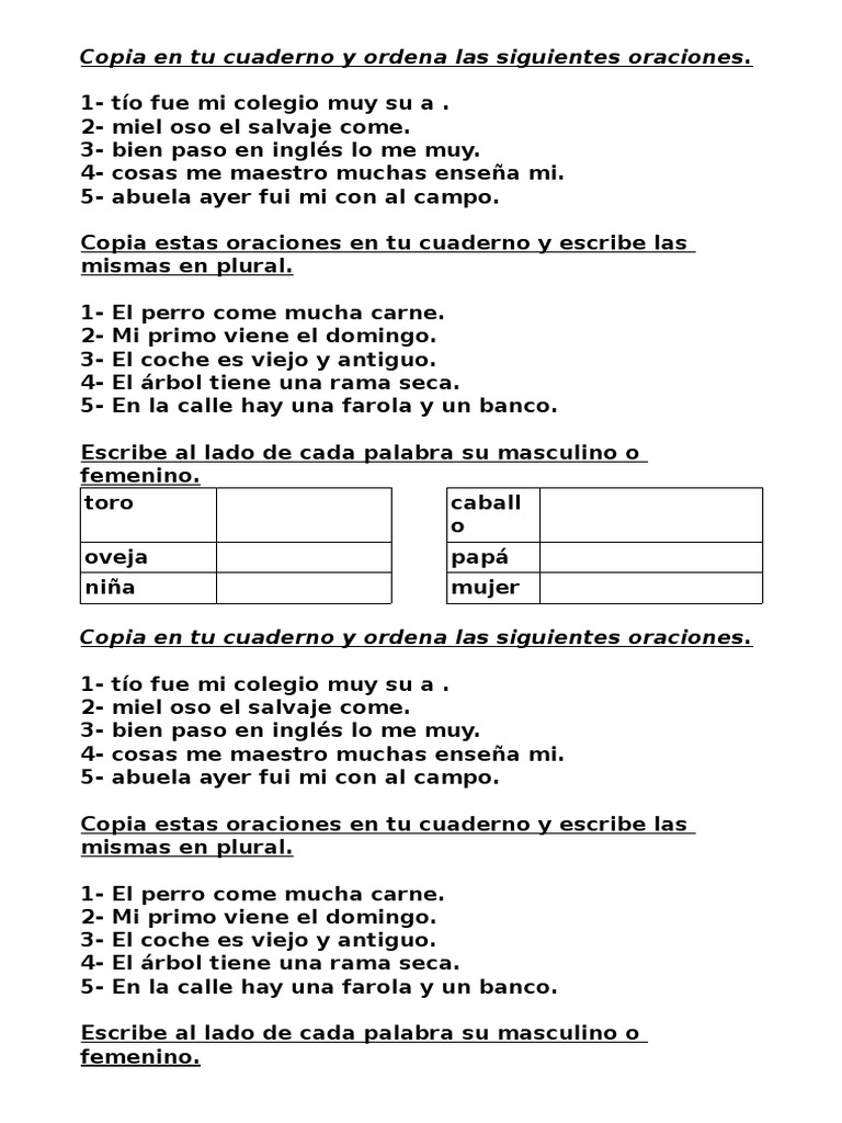 Repaso Singular Plural Femenino Masculino | PDF