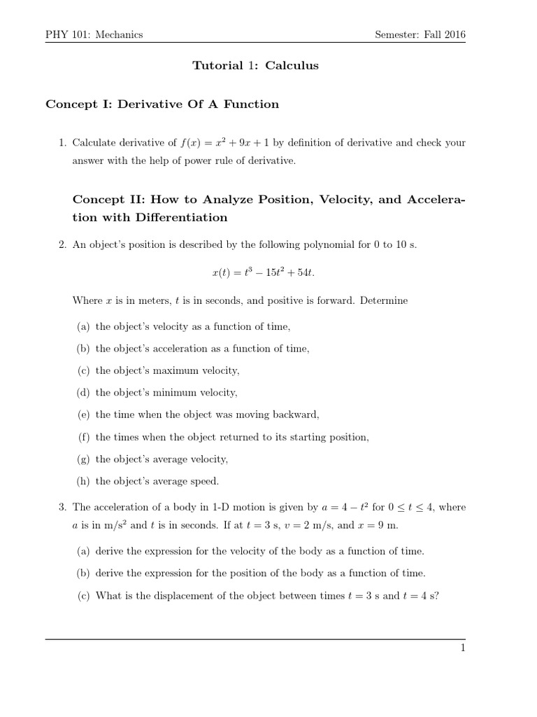 Tutorial 1 Pdf Velocity Acceleration