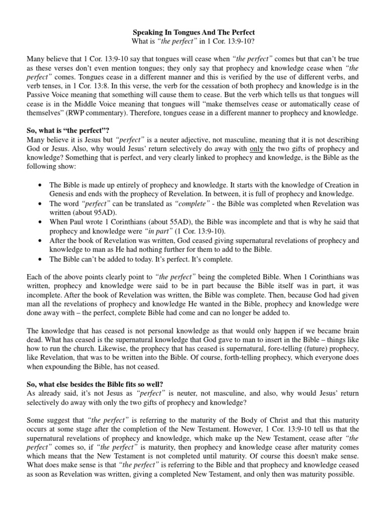 Understanding "The Perfect" in 1 Cor. 13 | PDF | Glossolalia | Prophecy
