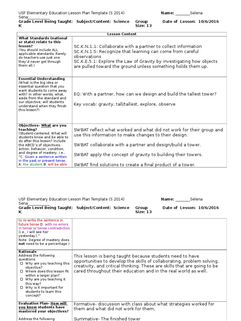 USF Elementary Education Lesson Plan Template (S 2014) Sena | PDF ...