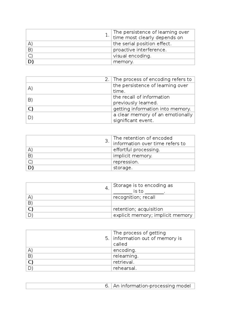 Memory Processing Quiz | PDF | Memory | Recall (Memory)