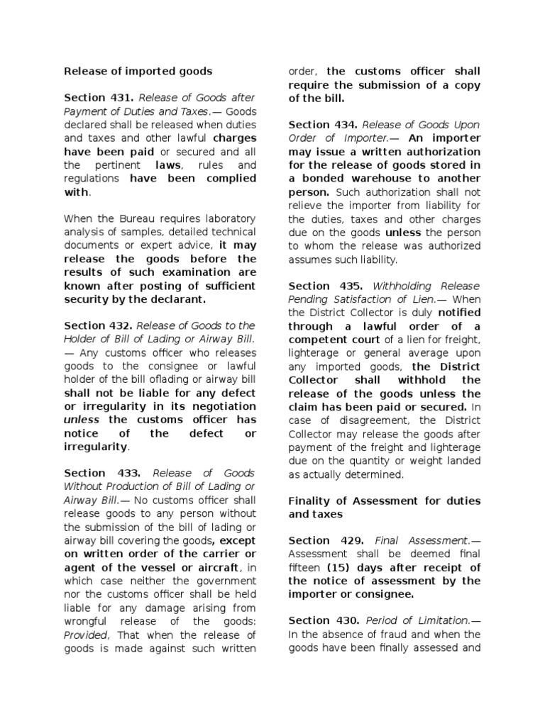 Release of Imported Goods | Customs | Exports