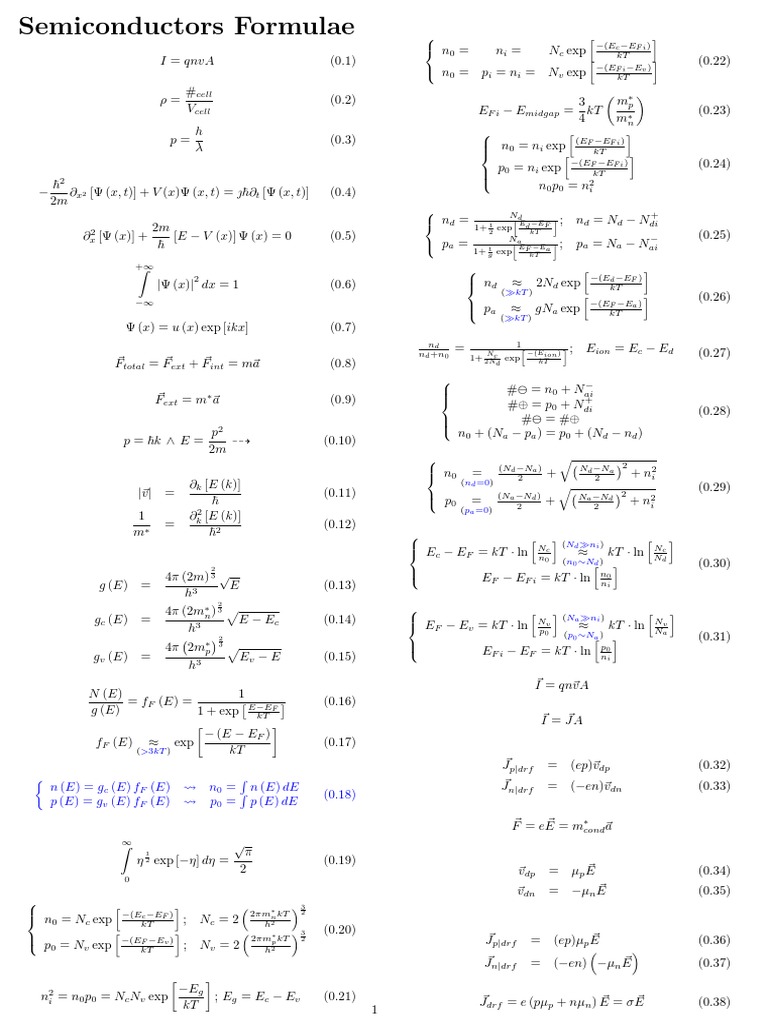 Semiconductors Formulae | PDF