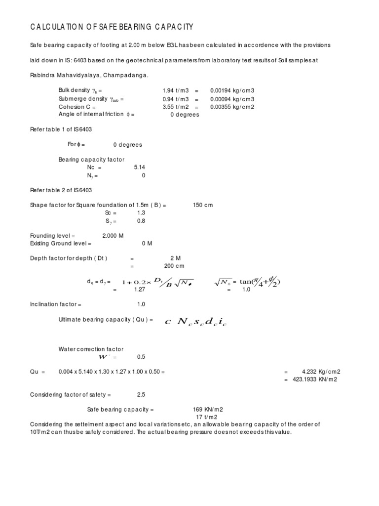 Bearing Capacity Calculation | PDF
