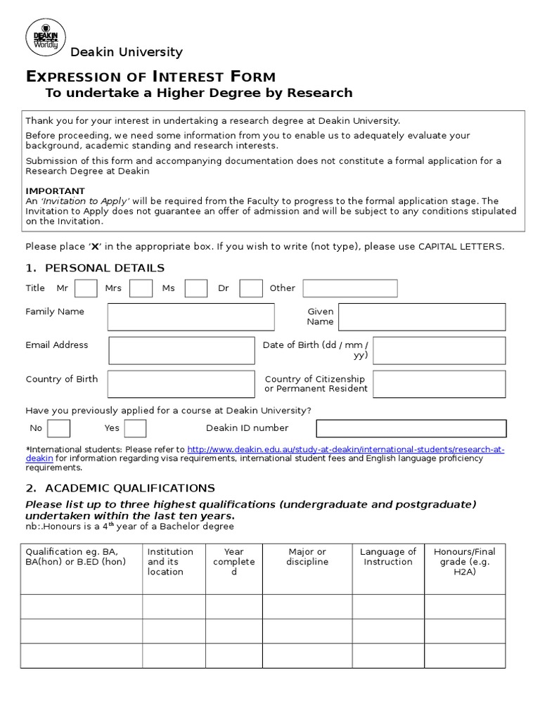 Deakin University EOI Form for Research | PDF | Test Of English As A ...