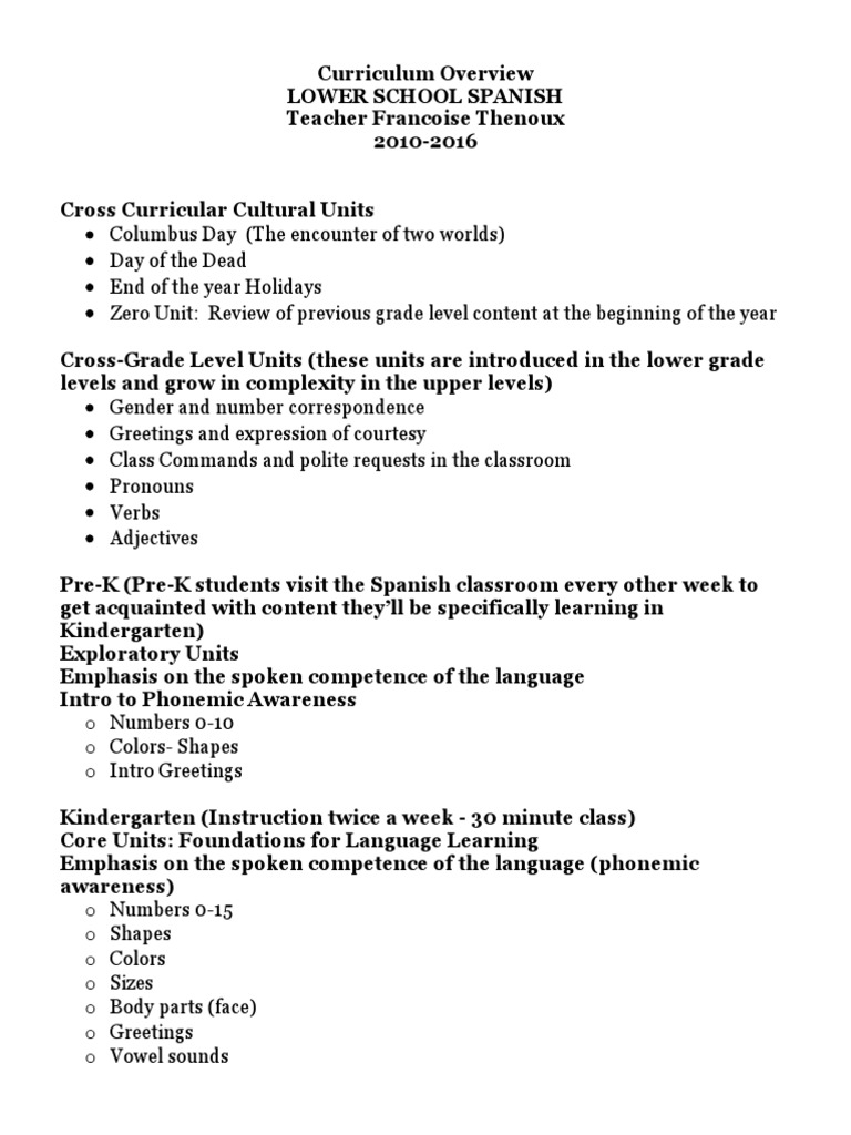 Curriculum Overview Lower School Spanish 1 | Download Free PDF ...