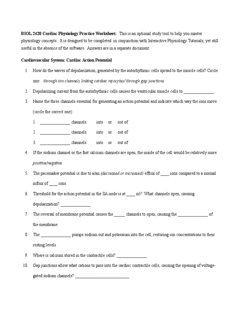 Practice Worksheets - Cardiac Physiology | PDF | Heart Valve ...