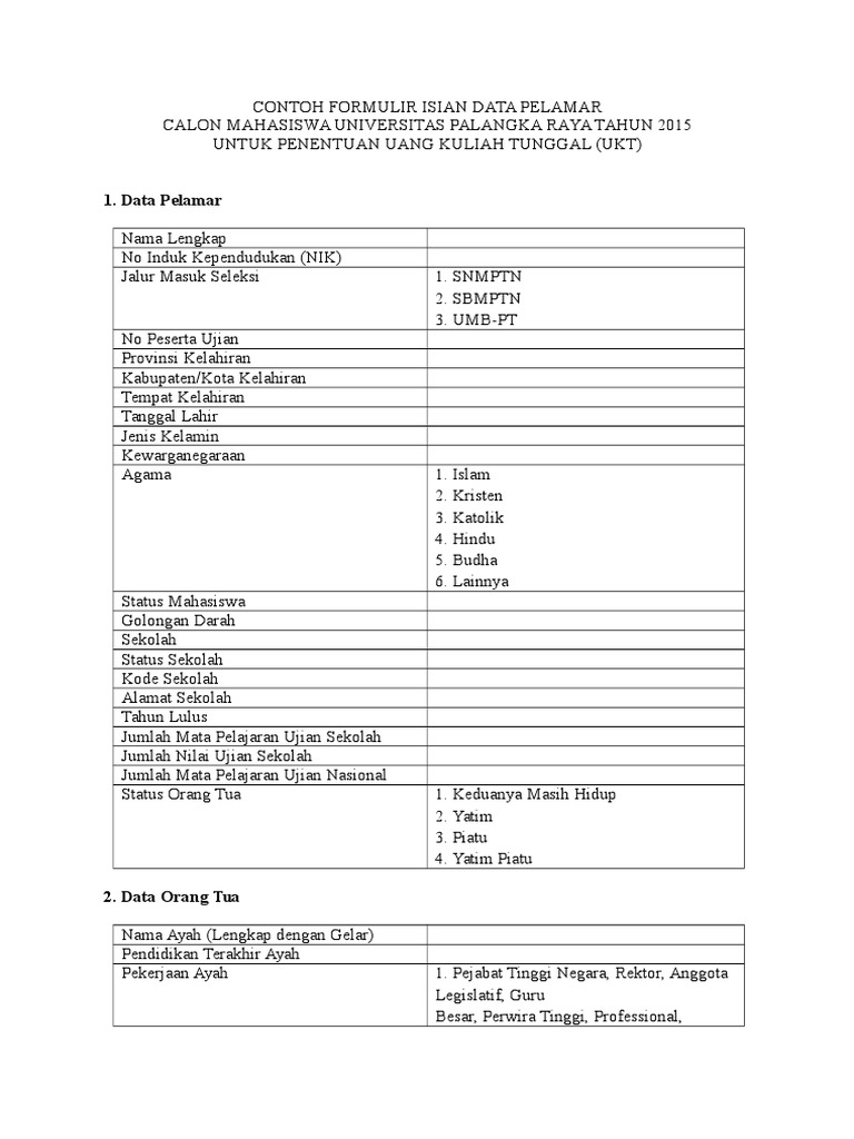 Contoh Formulir Isian Data Pelamar | PDF