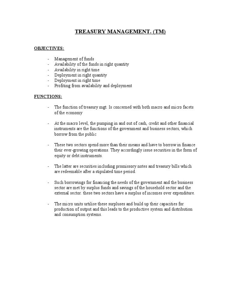 Treasury Management. (TM) : Objectives | PDF | Debt | Investing