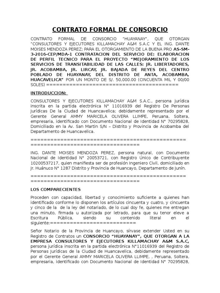 CONTRATO FORMAL DE CONSORCIO.docx | Cheque | Pagaré